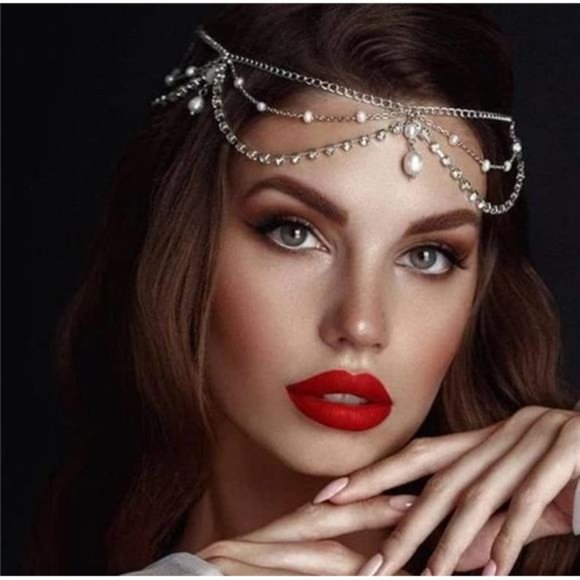 Other | Catery Pearl Head Chain Jewelry Gold Head Chain Bridal Forehead ...